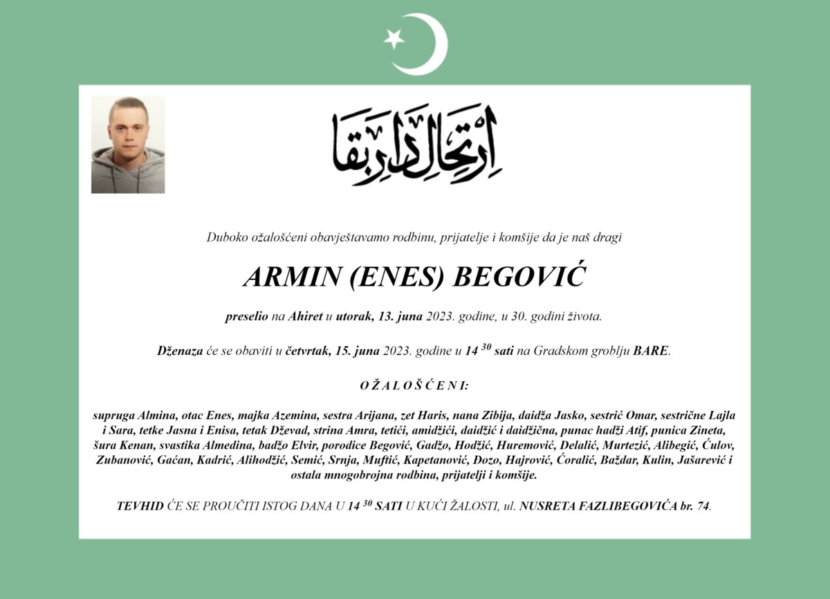 Poznato vrijeme i mjesto posljednjeg ispraćaja sina Enesa Begovića - Sarajevska sehara