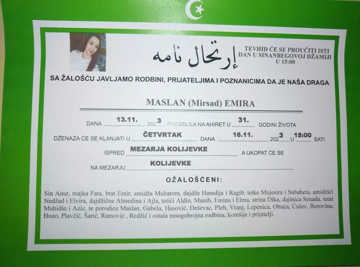 Poznat termin dženaze Emiri Maslan - Sarajevska sehara